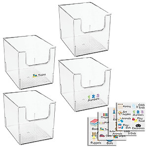 mDesign Open Front Plastic Toy Storage Organizer Bin with Labels - Container for Nursery, Kids Bedroom, Drawer, Dresser, or Playroom Closet - Ligne Collection - Includes 4 Bins + 24 Labels - Clear