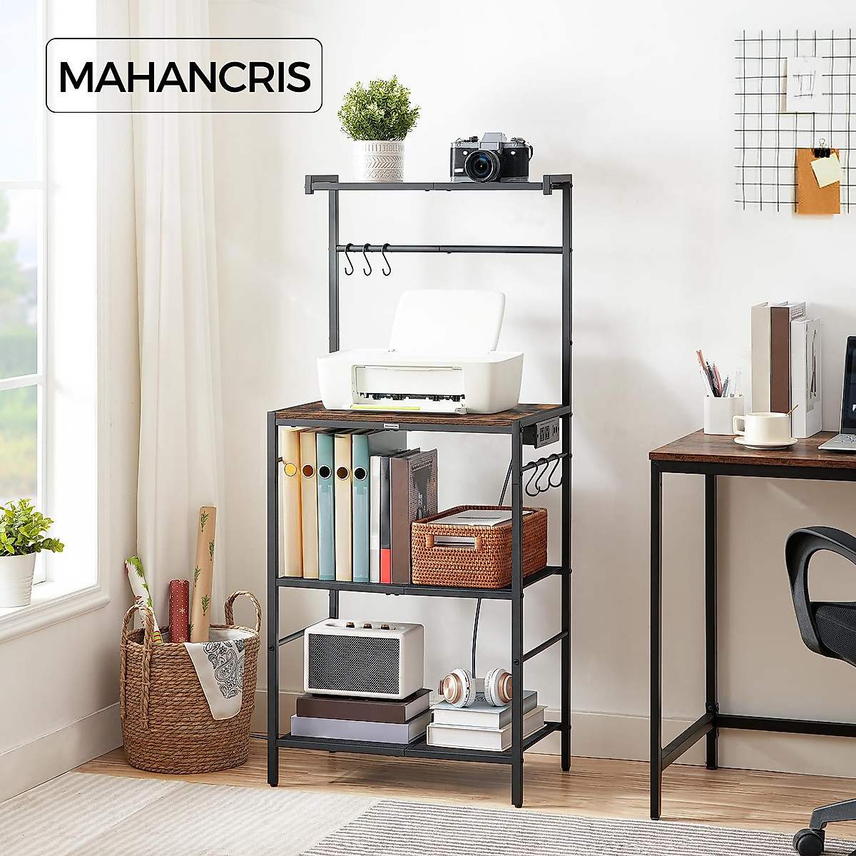 MAHANCRIS Bakers Rack with Charging Station, Microwave Stand with 6 S-Shaped Hooks, 4-Tier Storage Rack, Practical Coffee Bar, for Kitchen, Dining Room, Rustic Brown BRHR35E01