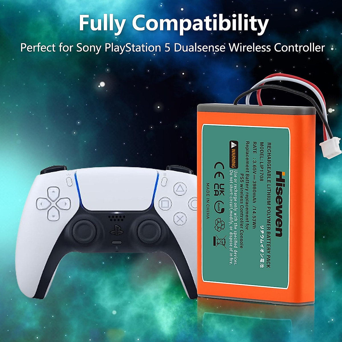 Hisewen PS5 Controller Battery 2 Pack, 3980mAh LIP1708 PS5 Battery Pack for Sony PlayStation 5 PS5 DualSense CFI-ZCT1W Wireless Controller