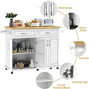 Pliwier Kitchen Island Cart on Wheels with Cabinet, Rubberwood Countertop, Lockable Casters, Adjustable Shelves, Kitchen Storage Islands for Dining Room, L48xW18xH36 Inches, Easy Assembly