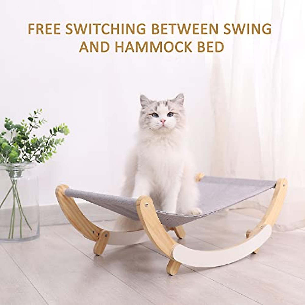 LCRUNONE Cat Hammock, Pet Bed, Solid Wood Fancy Swing Chair, 2 in 1 Chair and Hammocks, Cat Furniture Gift for Your Small to Medium Size Cat and Dog