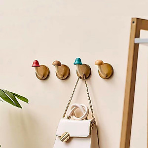 Auntzyj Wooden Mushroom Coat Hooks, Wall Mounted Towel Hanger, Solid Wood, Colorful, Set of Hooks with Screws (4 Hooks & 8 Screws)