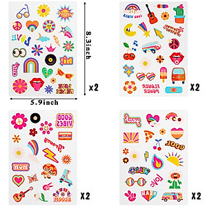 VERSRH 8pcs Groovy 70’s Temporary Tattoos, 91 Design Cute Fake Tattoos for Kids Party Favor, Cartoon Waterproof Body Sticker Decoration, 70’s Retro Hippie Theme Tattoo for Boys Girls Birthday Party