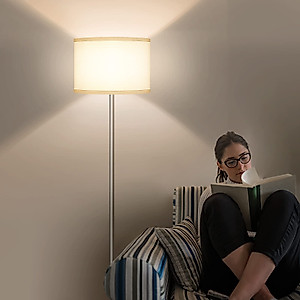 Floor Lamp for Living Room,Fully Dimmable Modern Standing Lamp with Pedal Switch Sliver Tall Pole Reading Light with White Drum Shade for Bedroom Study Room Office LED 8W Bulb Included