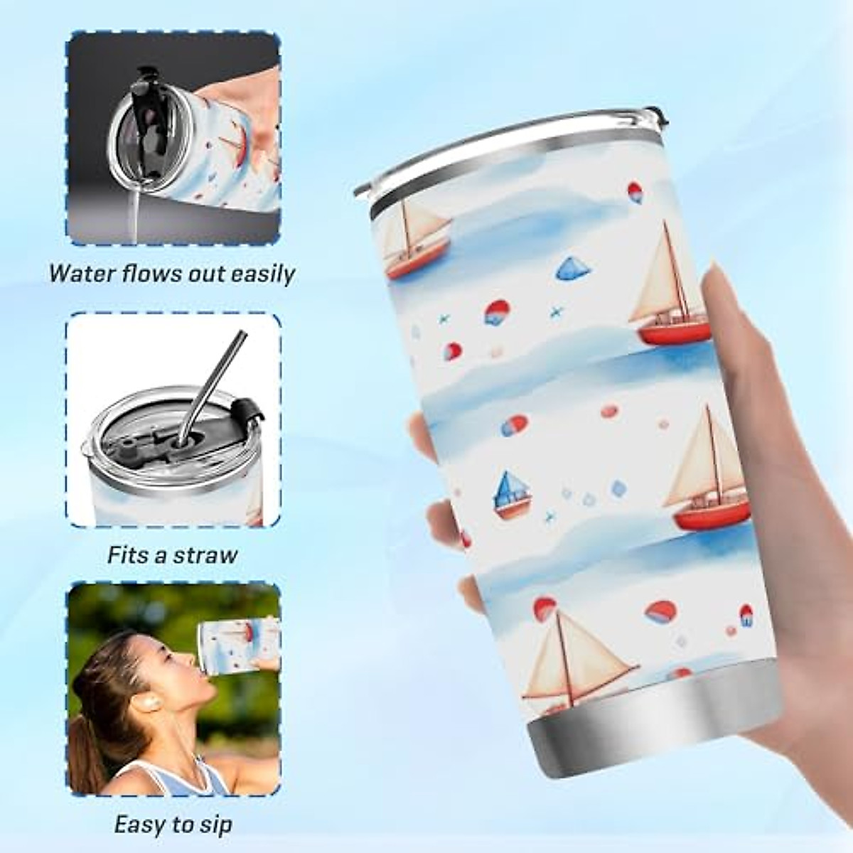 Wassud Boat Pattern 20 oz Tumbler with Lid and Straw Stainless Steel Double Wall Vacuum Tumblers Insulated Travel Coffee Mug for Cold and Hot Drinks