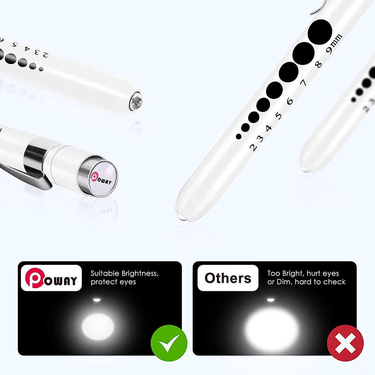 Opoway Nurse Pen Light with Pupil Gauge LED Medical Pen Lights for Nursing Students Doctors with Batteries 2pcs White