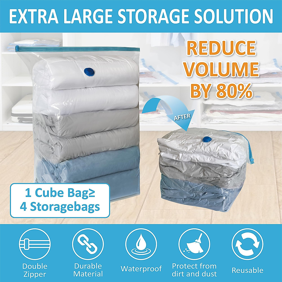 3 Pack Cube Vacuum Storage Bags, Jumbo Vacuum Cubes for Storage Vacuum Sealed, Extra Large Space Saver Vacuum Storage Bags for Bedding, Clothes, Comforters, Blanket, Duvets