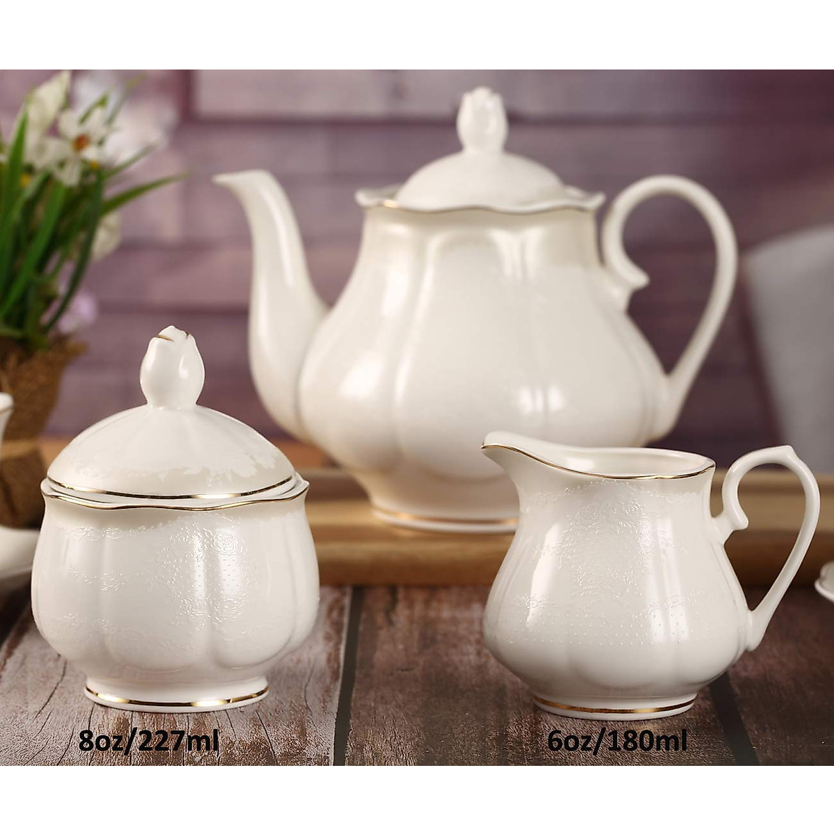 GUANGYANG GY 15-pcs Lotus Shape Porcelain Tea set with 7oz 6 Tea Cups and 6 Saucers,1 Teapot Sugar Bowl,1 Cream Pitcher,White