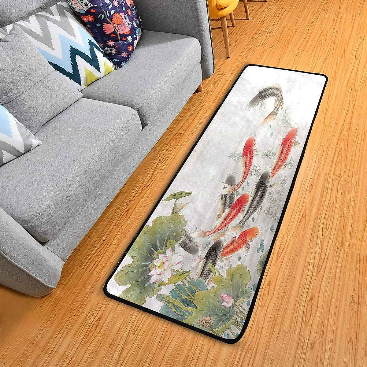 ALAZA Asian Lotus and Koi Fish Runner Area Rug Non Slip Floor Mat for Hallway Entryway Living Room Bedroom Dorm Home Decor 72x24 inches