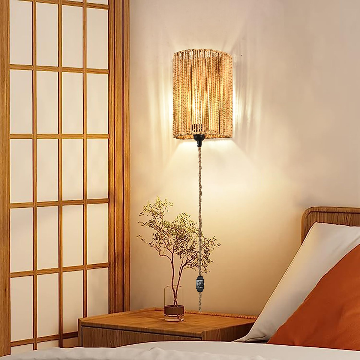 Rattan Plug in Wall Sconce Farmhouse Decor Set of Two,Boho Wall Lamp with Plug in Cord Set of 2,Dimmable Switch Wall Lights Fixture,Indoor Rustic Wall Mount Light Bedside for Bedroom Living Room Kids