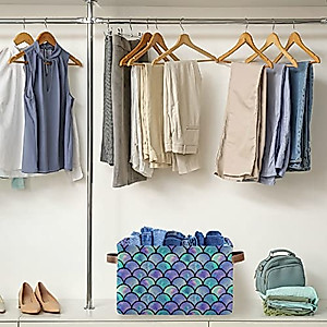 xigua Rainbow Scales Mermaid Storage Basket Collapsible Toy Storage Bins Waterproof Canvas Storage Basket with Leather Handles for Home Closets Offices,Bedrooms,Kids Toy and Gift Baskets,2PCS