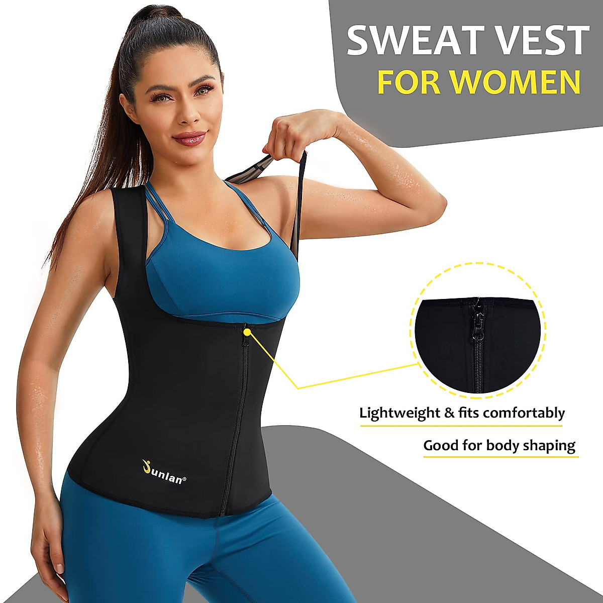 Junlan Sauna Suit for Women Waist Trainer Vest for Women Sweat Tank Top Shaper for Women with Zipper (Black, Large)