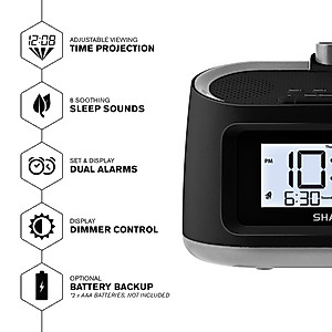 Sharp LCD and Projection Alarm Clock with 8 Soothing Nature Sleep Sounds – Project onto Wall or Ceiling, Black with Gunmetal Trim