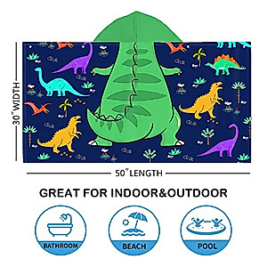 Dinosaur Beach Towel, Dinosaur Towel for Kids with Hood T-rex Hooded Towel for Boys 30x50 Cool Cartoon Microfiber Bath Towel Poncho Bathrobe for Swin Pool Cover Up, Green Blue Dinosaur Birthday Gifts