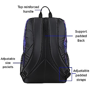 FUEL Wide Mouth Sports Luggage Backpack with Front Bungee and Inner Tech Pocket, Black/Hot Pink/Galaxy Print