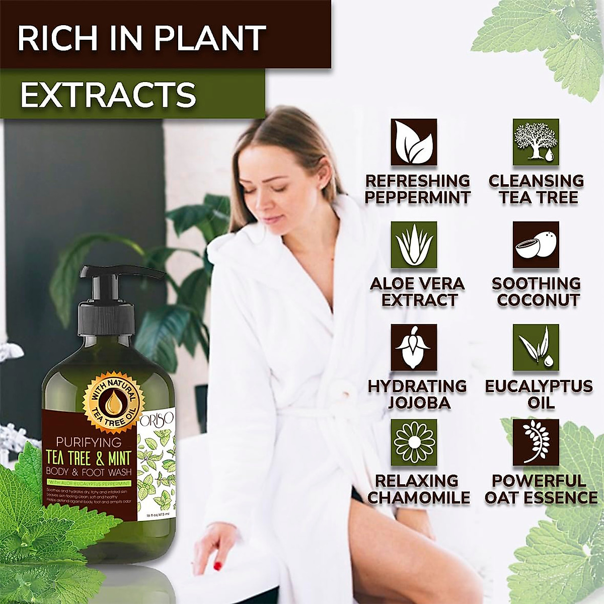 Tea Tree Body Wash with Mint for Women and Men - Helps Acne - Athletes Foot - Jock Itchy - Ringworm - Eczema - Body Odor - Itchy Skin - Moisturizing and Hydrating Sensitive Skin - 16oz