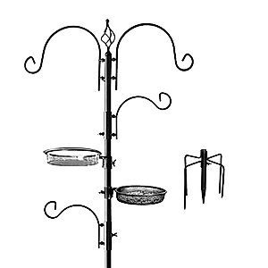 Ashman Deluxe Bird Feeding Station (1 Pack) Bird Feeders for Outside - Multi Feeder Pole Stand Kit with 4 Hangers, Bird Bath and 3 Prong Base for Attracting Wild Birds - 22 Inch Wide x 92 Inch Tall.