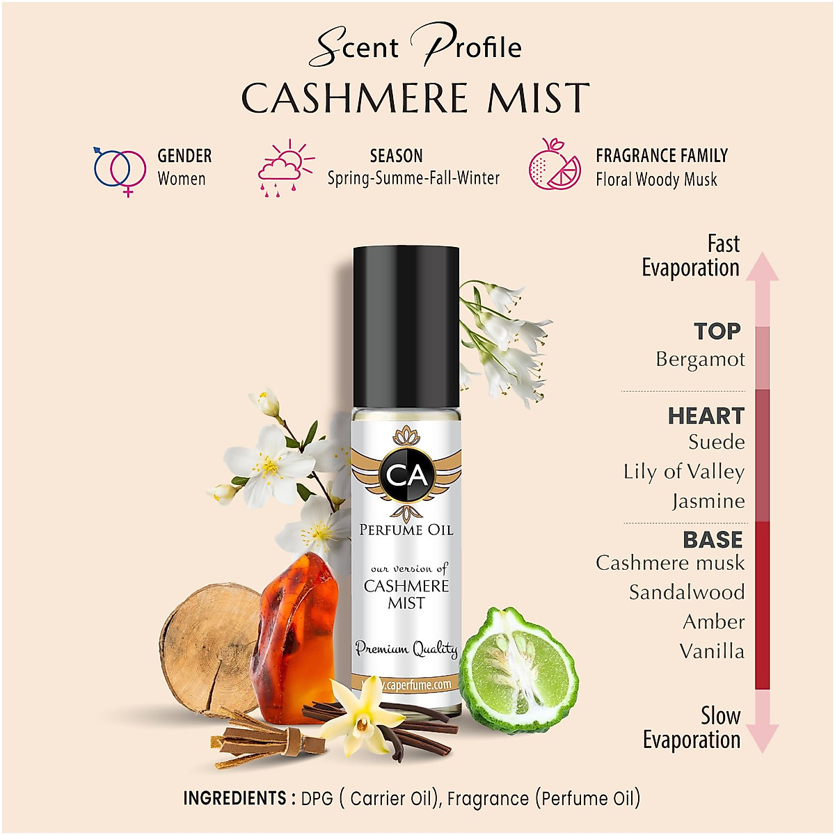 CA Perfume Impression of Cashmere Mist For Women Replica Fragrance Body Oil Dupes Alcohol-Free Roll-On 0.3 Fl Oz/10ml