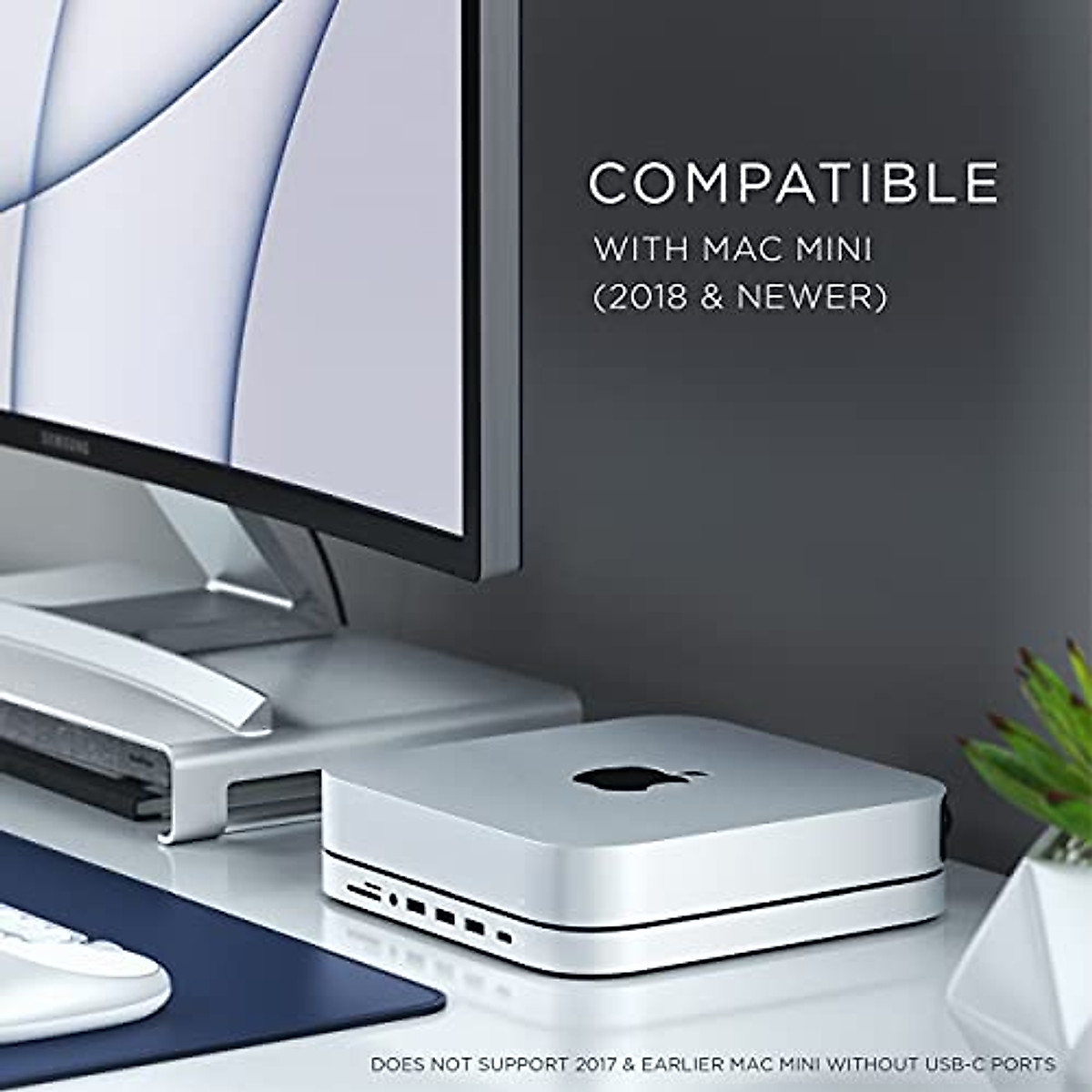 SATECHI Mac Mini Hub & Type-C Stand with SSD Enclosure – Mac Mini Stand - Fits M.2 SATA SSD, USB-C Data Port, Micro/SD Card Readers, USB-A, Headphone Jack Port – for Mac Studio, Mac Mini M1 (Silver)