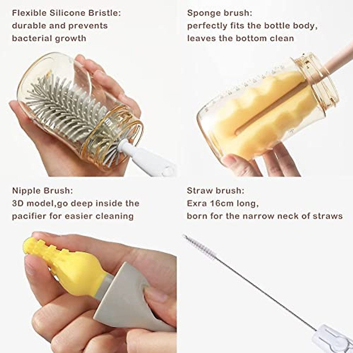 SEEDNUR Baby Bottle Brush Silicone Cleaning Brushes Water Bottle Cleaner 4pcs(Gray)