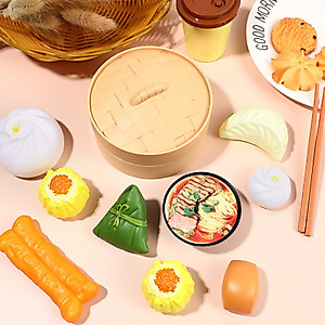 Play Food 26pcs Pretend Play Toy Asia Dim Sum Set Steamer Buns Chinese Breakfast Toy for Kids Food Kitchen Set Cooking Dish Asia Tea Time Birthday Gift, Style Random