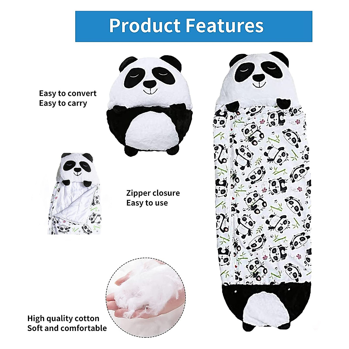 Kids Sleeping Bag ，Soft Animal Travel Camping Sleeping mat with Folding Pillow，nap mat for Toddlers, Boys Girls Animals Sleeping Bag，Panda Sleeping Bag for All Seasons (White Panda)
