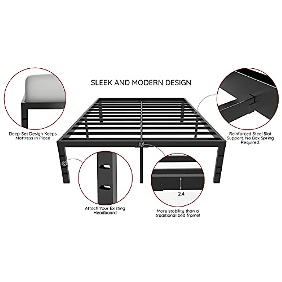 Koi Housewares 18 Inch Steel Bed Frame, Reinforced Platform, 3000 Pounds, Heavy Duty, Easy Assembly, Steel Slats, Under The Bed Storage, California King