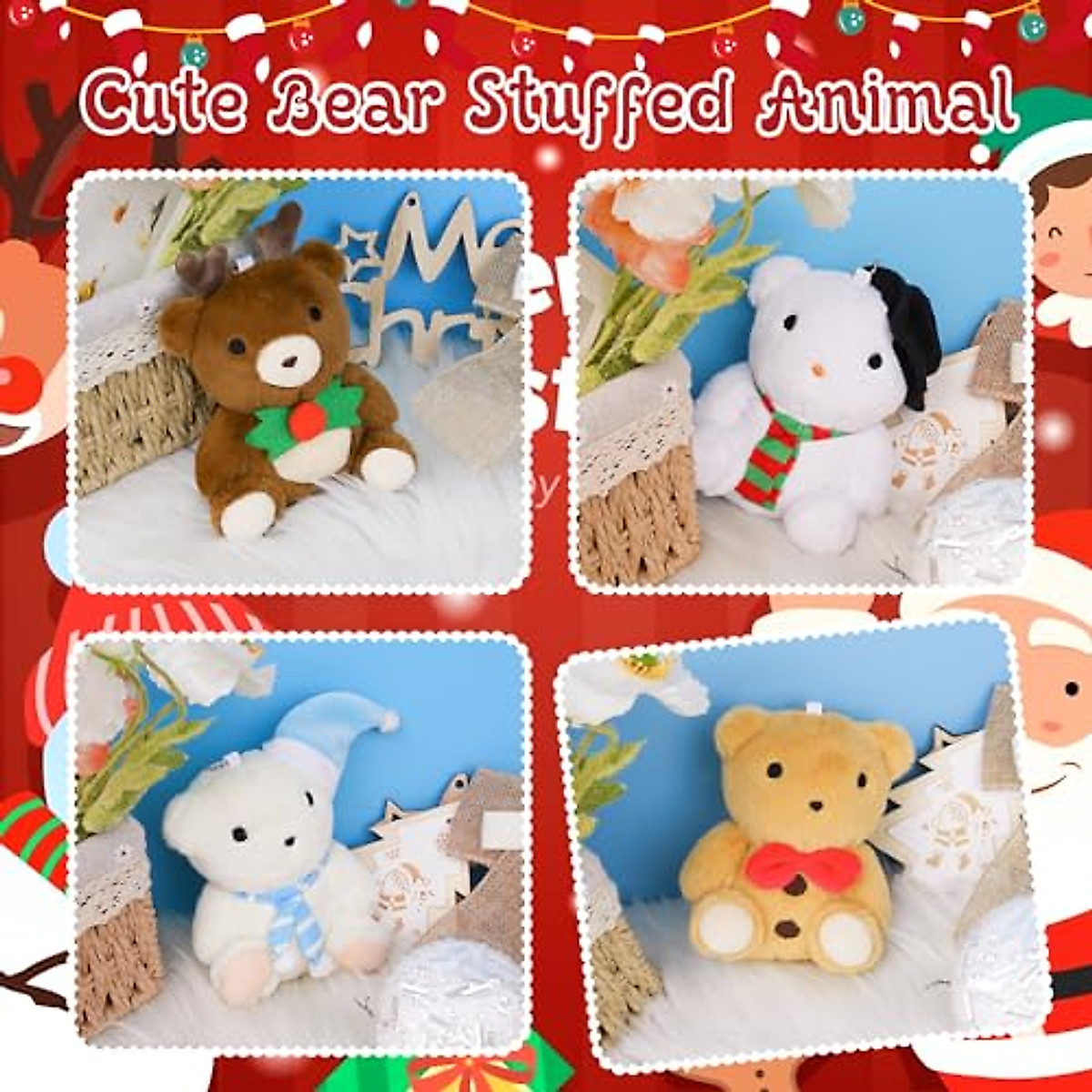 JIAJEGTGT Christmas Mini Stuffed Animals Reindeer Santa 4PCS Plush Toy Set Teddy Bear Stuffed Animals Xms Gifts for Kids