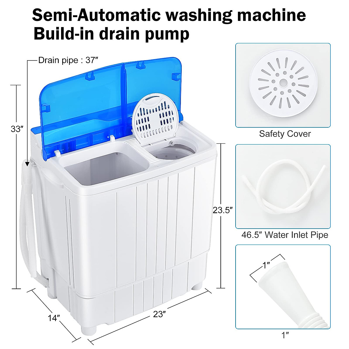 COSTWAY Portable Washing Machine, Semi-Automatic Twin Tub 13lbs Compact Washer and Spinner, Built-in Drain Pump, Control Knobs and Hose, Laundry washer for Apartment, RV, Blue