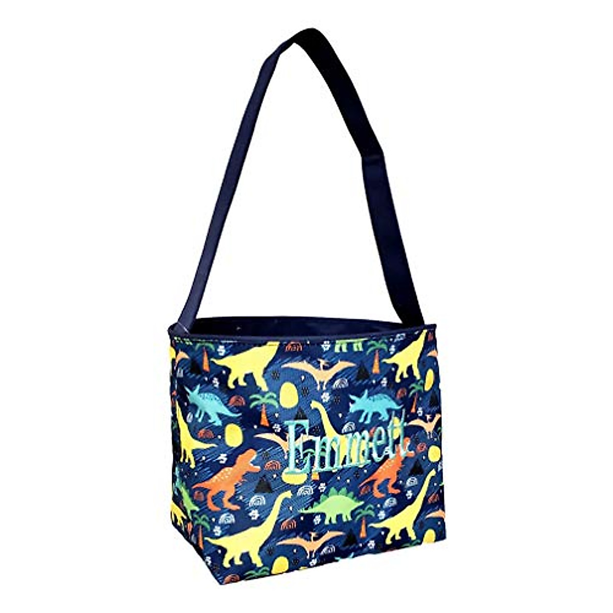 Personalized with Name Dinosaur Easter Basket Bucket Fabric Tote Bag Toy BIn - Great Embroidered Gift for Boy or Girl