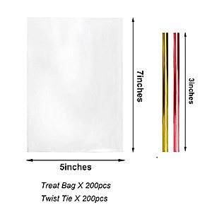 Cello Cellophane Treat Bags,5x7 Inches Clear Cellophane Bags 200 Pcs OPP Plastic Treat Bags with 200 Twist Ties for Gift Wrapping,Packaging Candies,Dessert,Bakery, Cookies, Chocolate,Party Favor
