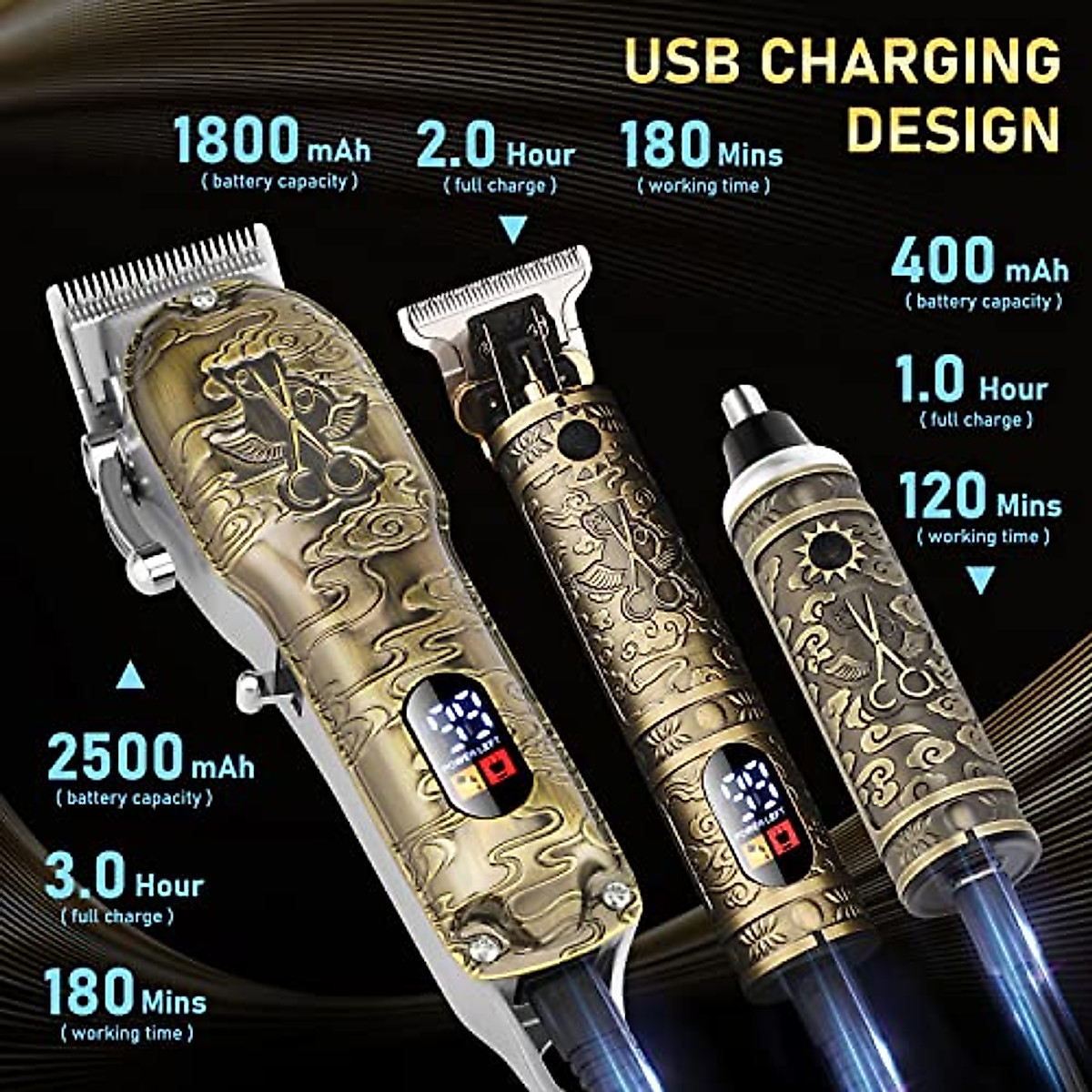 Karrte Upgrade Hair Clippers Kit for Men,Professional Barber Clippers/Hair Trimmer/Ear Nose Trimmer Set,Barber Supplies for Mens Grooming Kit Accessories with LED Display,Gifts for Men,Bronze