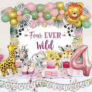 Fiesec Four Ever Wild Birthday Decorations Girl, Jungle Safari Animal Theme 4th Party Decorations Backdrop Balloons Garland Banner Cake Cupcake Topper Poster Crown Lion Cheetah Giraffe Pink 117 PCs