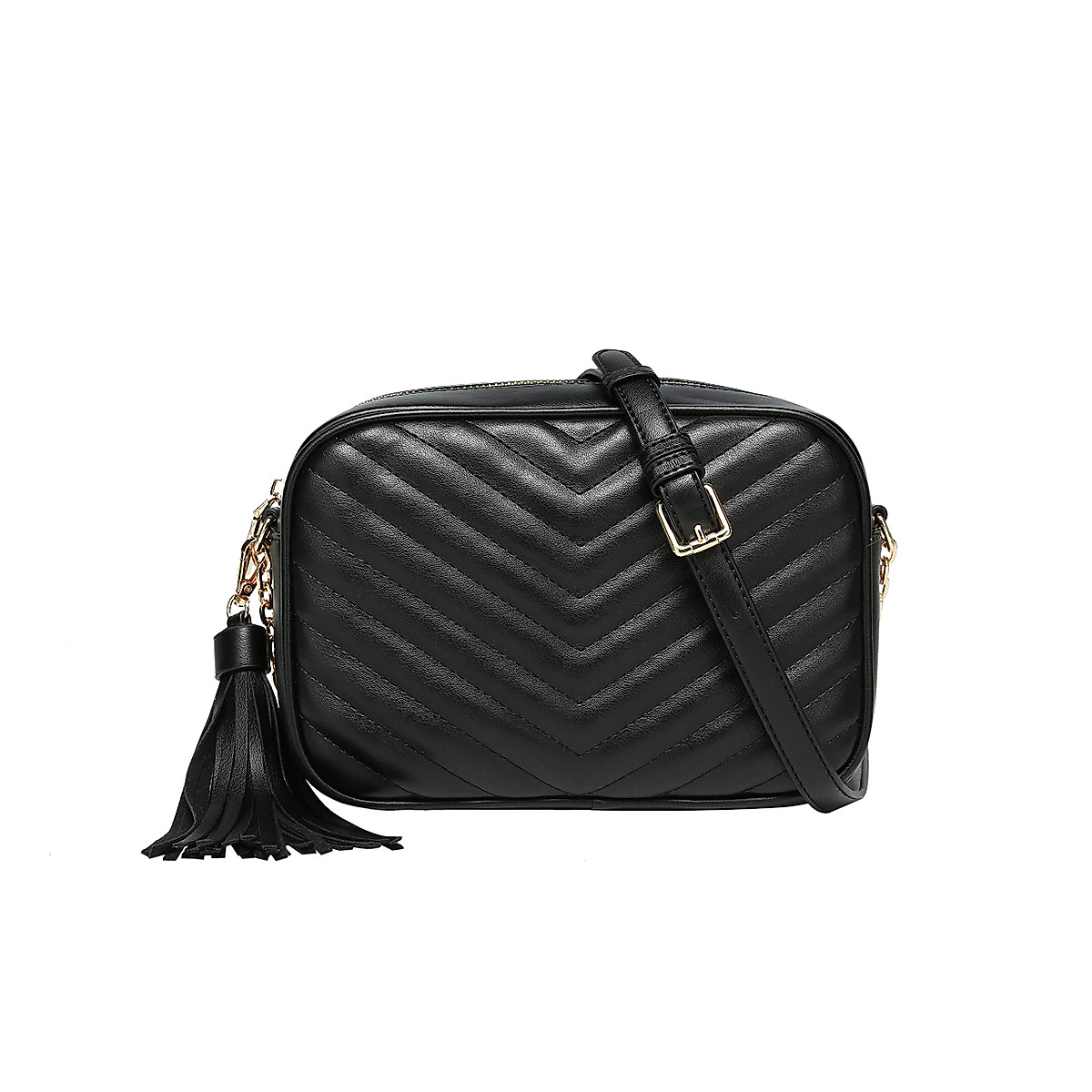 Daisy Rose Quilted Chevron Shoulder Cross Body Bag & Detachable Tassel, PU Vegan Leather - Black