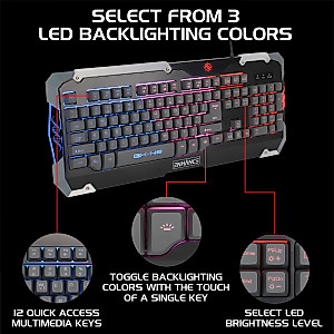 Enhance GX-K2 Gaming Keyboard with 104 Hybrid Mechanical Feel Keys, LED Backlit, & Braided Cable - 3 Color Selection, Multimedia Shortcuts, & Plug & Play USB Connection - PATHOGEN Series