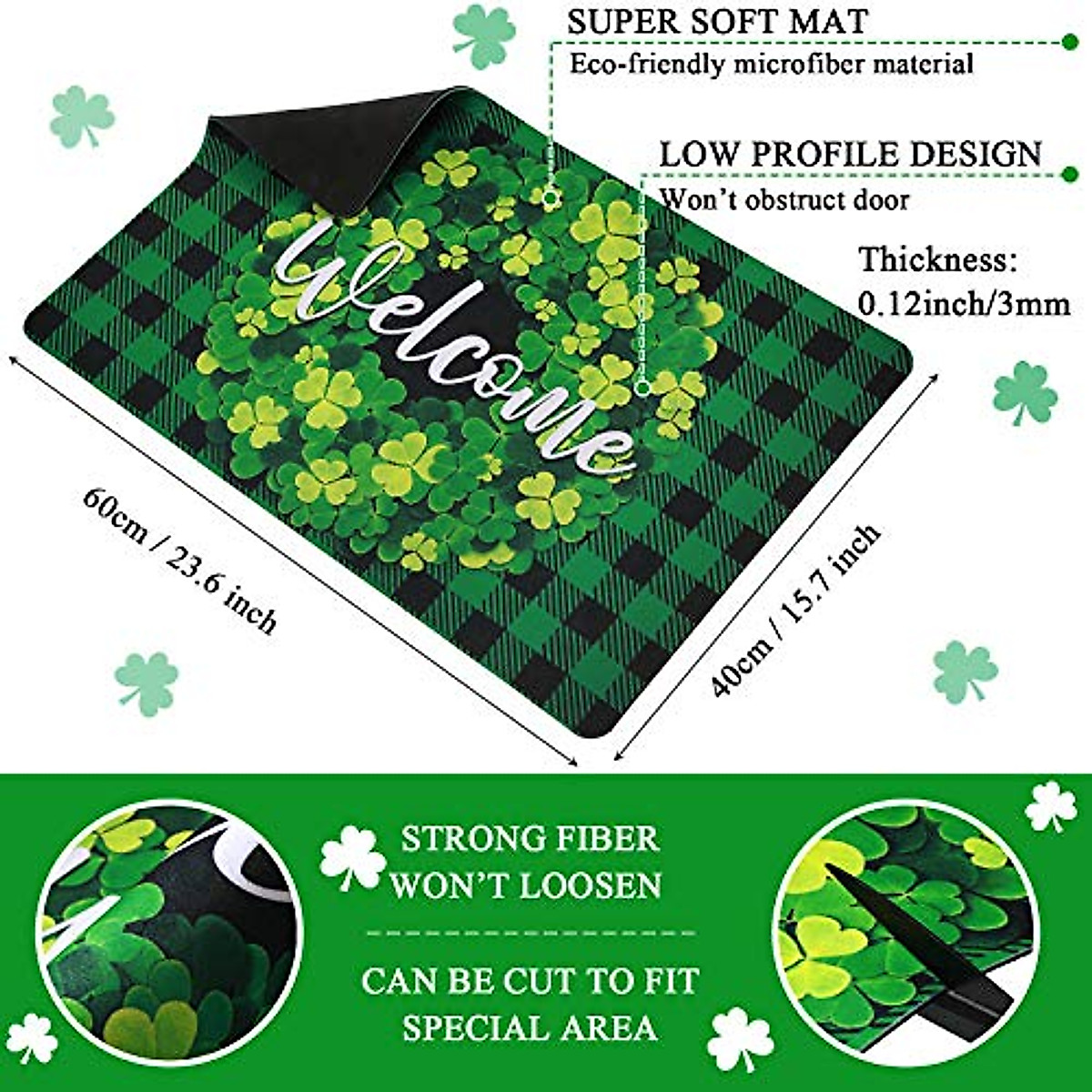 St. Patrick's Day Doormat Lucky Shamrocks Printed Doormat Green Shamrocks Leaves Area Rugs Non Slip Rubber Entrance Bathroom Front Door Rug Irish Floor Welcome Mat for Indoor Outdoor, 15.7 x 23.6 Inch