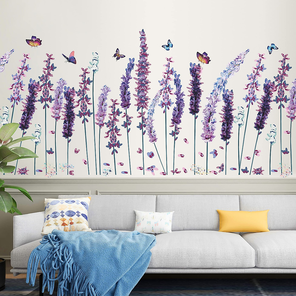 RW-1028 3D Flowers Wall Decals Purple Lavender Wall Stickers Flower Plant Butterfly Decoration DIY Removable Garden Lavender Floral Wall Art Decor for Kids Girls Bedroom Living Room Nursery Office