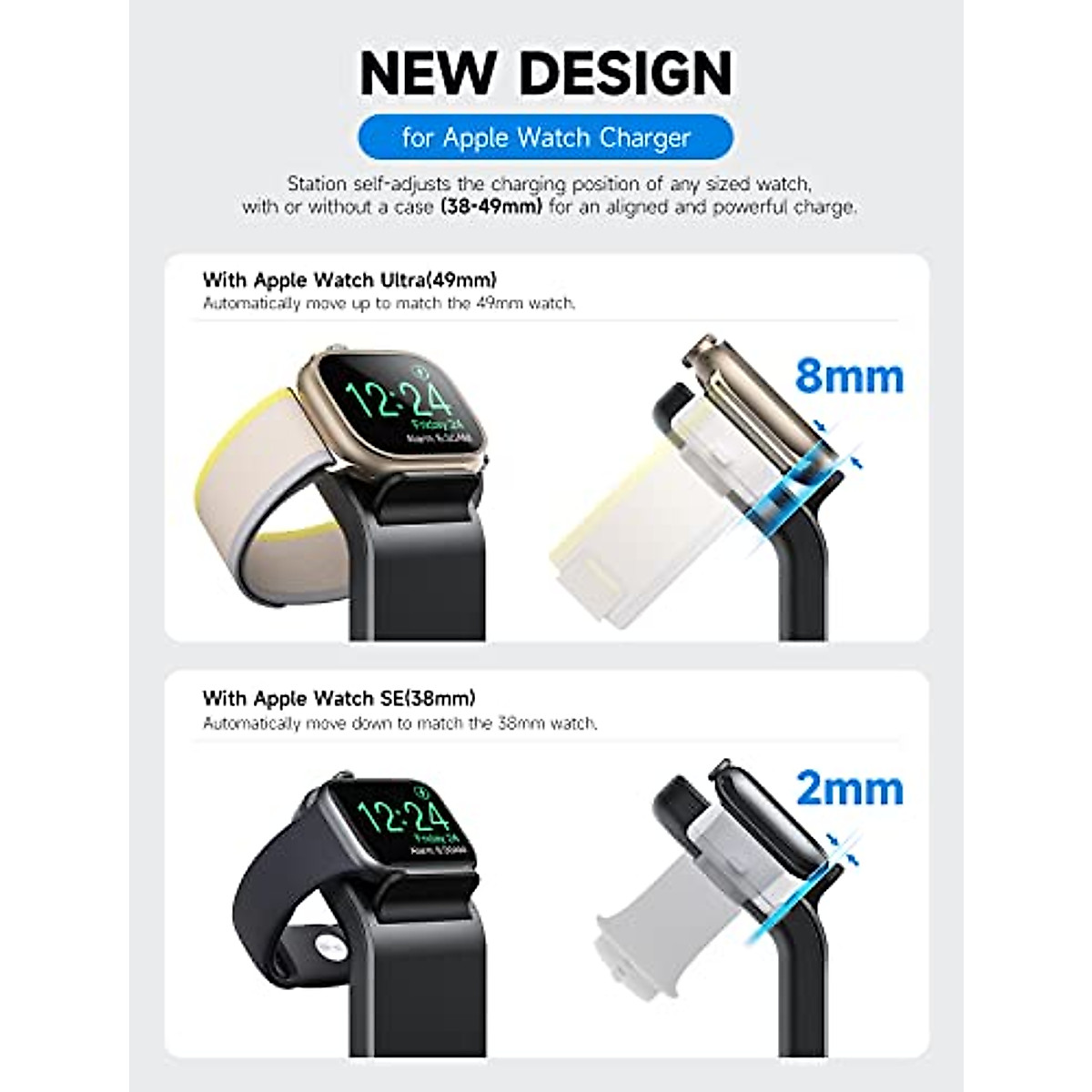 RJR Updated 3 in 1 Charging Station for Apple Devices, Self Adjusting Charging Dock for iWatch 8 7 6 SE 5 4 3 2 1, Built-in Charger Stand for iPhone Series AirPods Gifts (with 15W Adapter) Black