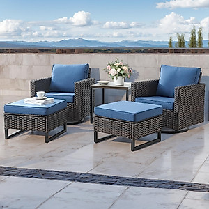 HUMMUH 5 Piece Patio Furniture Set All-Weather PE Wicker Outdoor Swivel Rocker Chairs Set of 2 with Ottomans Side Table for Patio,Porch,Garden,Backyard