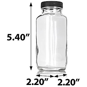 JUVITUS 8 oz Clear Thick Plated Glass French Square Bottle Jar with Lid (2 Pack) Perfect for Home, Travel, Juicing, Kombucha