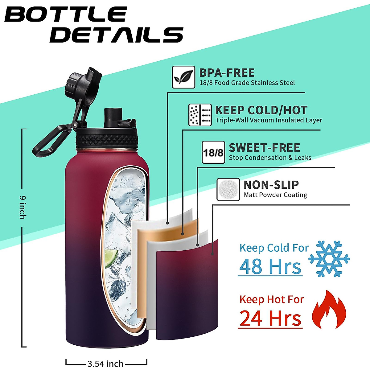 32OZ Insulated Water Bottle with Straw - Spout Lid, Sweat-Proof & BPA-Free Metal Reusable Water Bottles, Wide-Mouth Vacuum Insulated Bottle with Paracord Handle, Bottle Sleeve Bag & Protective Boot
