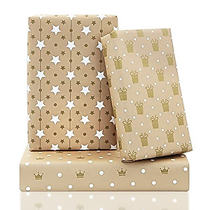 Elegant Gift Birthday Princess Wrapping Paper For Mom Dad Boys Girls Friends, 20x28" Per Sheet(6 sheets:23 sq.ft.ttl.) in 3 Designs Include Classic Patterns Like Polka Dots Crown Gift Package Stars For Wedding Bridal Shower Engagements Birthday Christmas