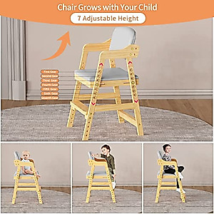 Wooden High Chair for Toddlers, Adjustable Toddler High Chair with High Rebound Waterproof Cushion for Toddlers to Teens，Toddler Dining Chair with Steps for Kids Dining, Studying, Step Tool (Grey)