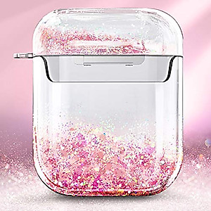NZND Glitter Liquid Case Compatiable with Apple AirPods 1/2, Sparkle Flowing Floating Durable Girls Women Kids Cute Clear Hard Cover Carrying Case -Rose Gold