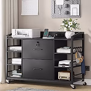 SEDETA 44" File Cabinet, Filing Cabinet fits Legal/Letter Size, 2 Drawer File Cabinets for Home Office with Lock, Power Strip, 6 Storage Shelves, Rustic Brown