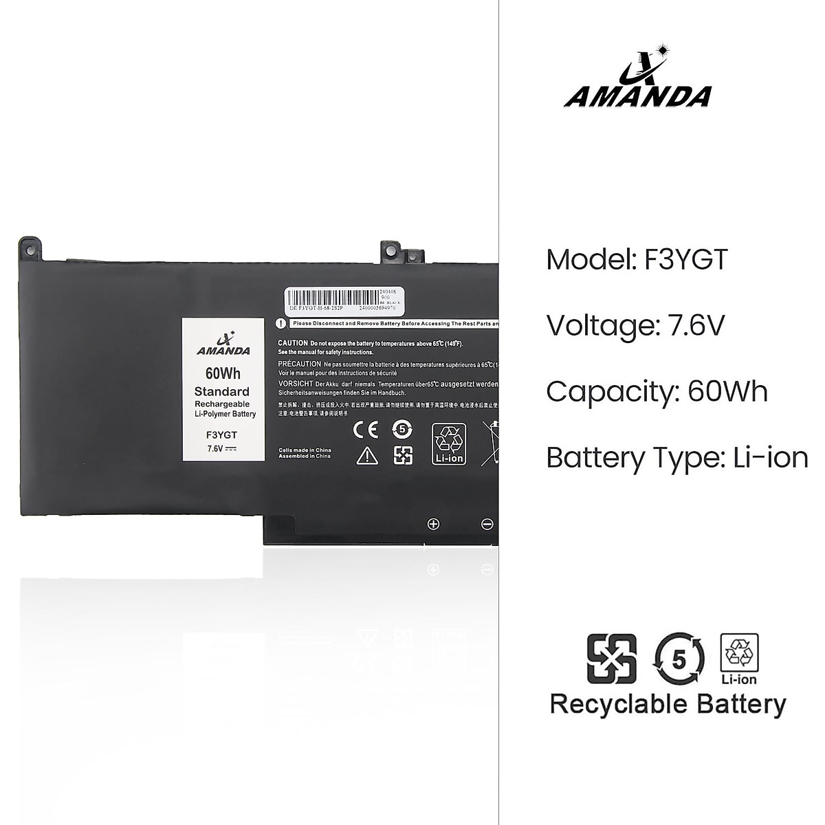 A AMANDA F3YGT Battery Replacement for Dell Latitude 12 7000 7280 7290/13 7000 7380 7390/14 7000 7480 7490 Series DM3WC 0DM3WC 2X39G 7.6V 60Wh 4-Cell