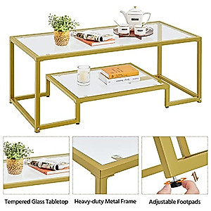Yaheetech Rectangular Coffee Table, Tempered Glass Coffee Table with 2 Tier Storage Shelf, Modern Center Tea Table with Heavy-Duty Metal Frame for Home Living Room, Gold