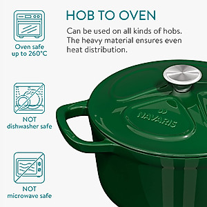 Navaris Enameled Cast Iron Dutch Oven - 2.6-Quart Enamel Coated Casserole Pot with Lid - Suitable for Oven and All Stovetops Incl. Induction - Green