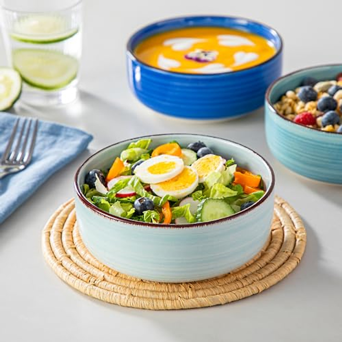 vancasso Bonita Cereal Bowls Set of 6, 24 Oz Ceramic Bowls for Kitchen, Dishwasher & Microwave Safe Bowls for Soup, Cereal, Dessert, Fruit, Blue Colored Bowl Set