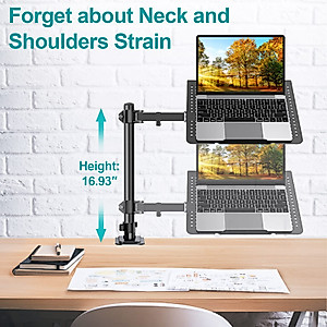 MOUNT PRO Single Laptop Mount with Tray for Laptop up to 17 inches, Holds Up to 17.6lbs, Fully Adjustable Notebook/Laptop Desk Mount Stand, Heavy Duty Laptop Arm Mount with Clamp and Grommet Base
